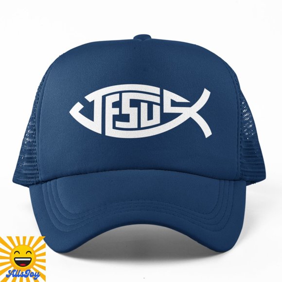 AllsJoy | Accessories | Jesus Fish Foam Trucker Hat Snapback Cap Navy ...